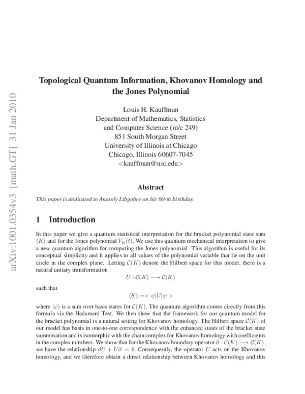 (PDF) Topological Quantum Information, Khovanov Homology and the Jones ...