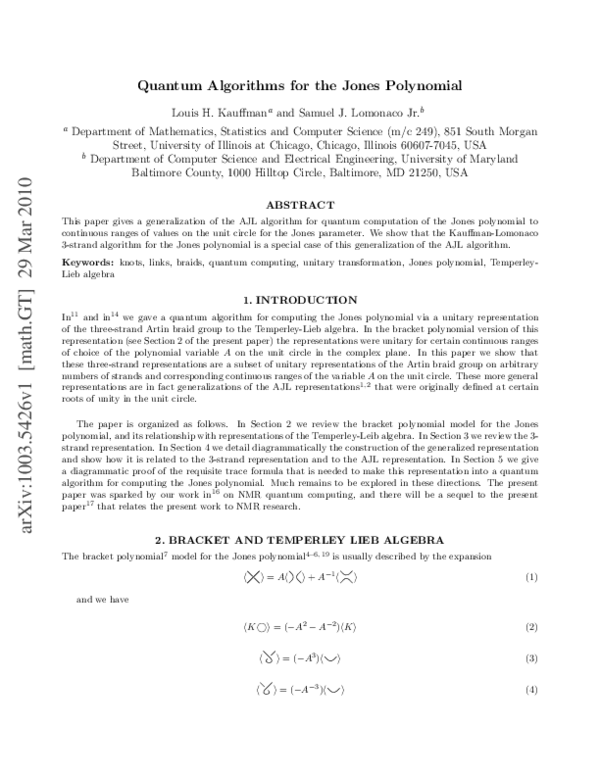 Pdf Quantum Algorithms For The Jones Polynomial