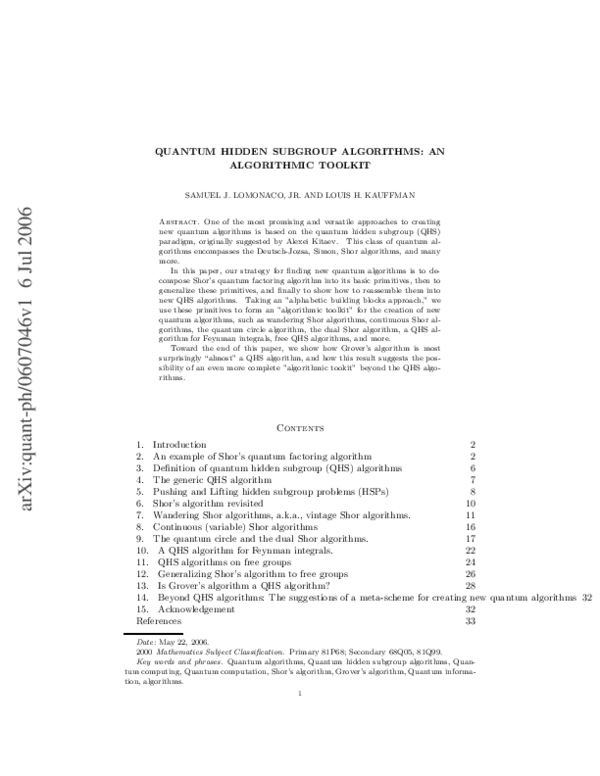 Pdf Quantum Hidden Subgroup Algorithms An Algorithmic Toolkit
