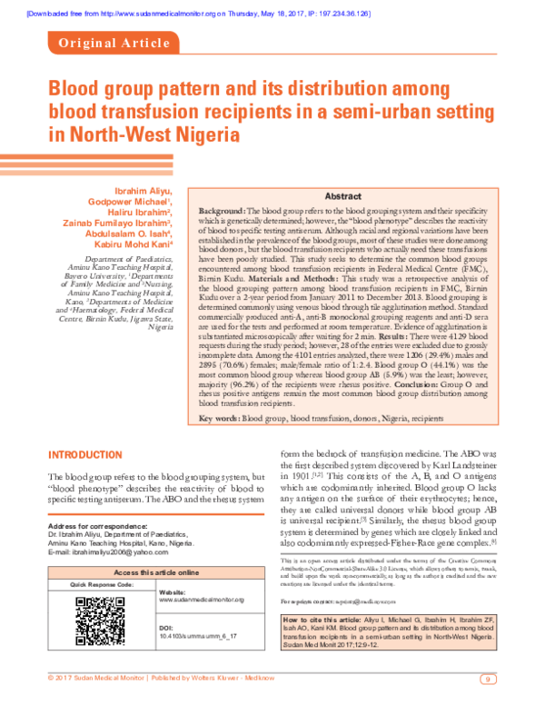 (PDF) Blood group pattern and its distribution among blood transfusion ...