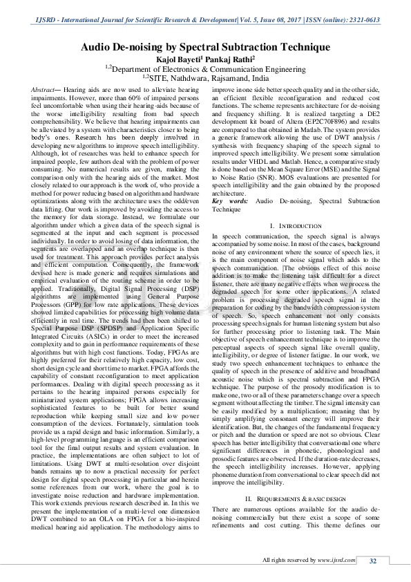 (PDF) Audio De-noising by Spectral Subtraction Technique