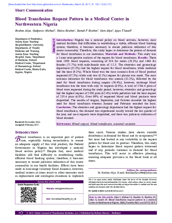 (PDF) Blood Transfusion Request Pattern in a Medical Center in ...