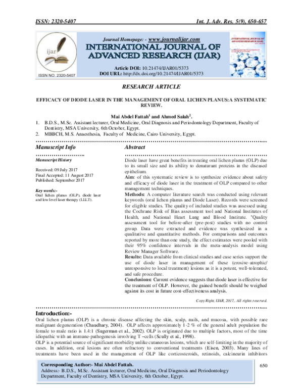 (PDF) EFFICACY OF DIODE LASER IN THE MANAGEMENT OF ORAL LICHEN PLANUS:A SYSTEMATIC REVIEW
