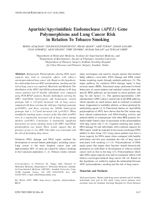 (PDF) Apurinic/apyrimidinic endonuclease (APE1) gene polymorphisms and ...