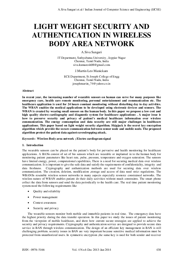 (PDF) LIGHT WEIGHT SECURITY AND AUTHENTICATION IN WIRELESS BODY AREA NETWORK