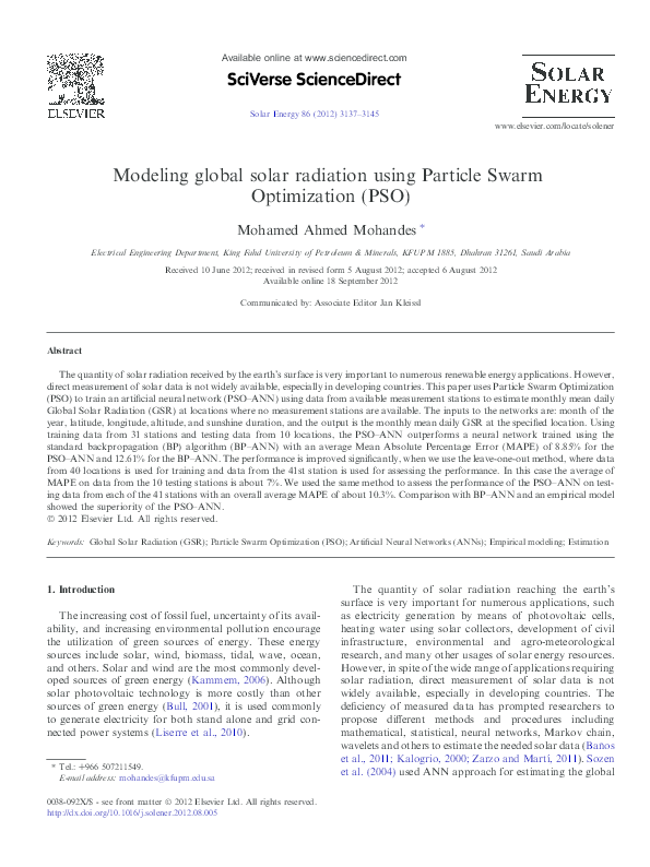 (PDF) Modeling global solar radiation using Particle Swarm Optimization (PSO
