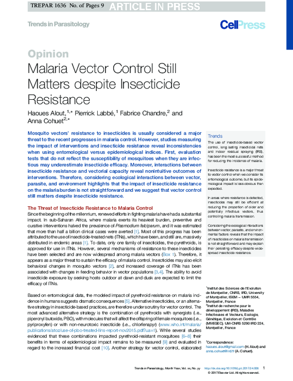 (PDF) Malaria Vector Control Still Matters despite Insecticide Resistance