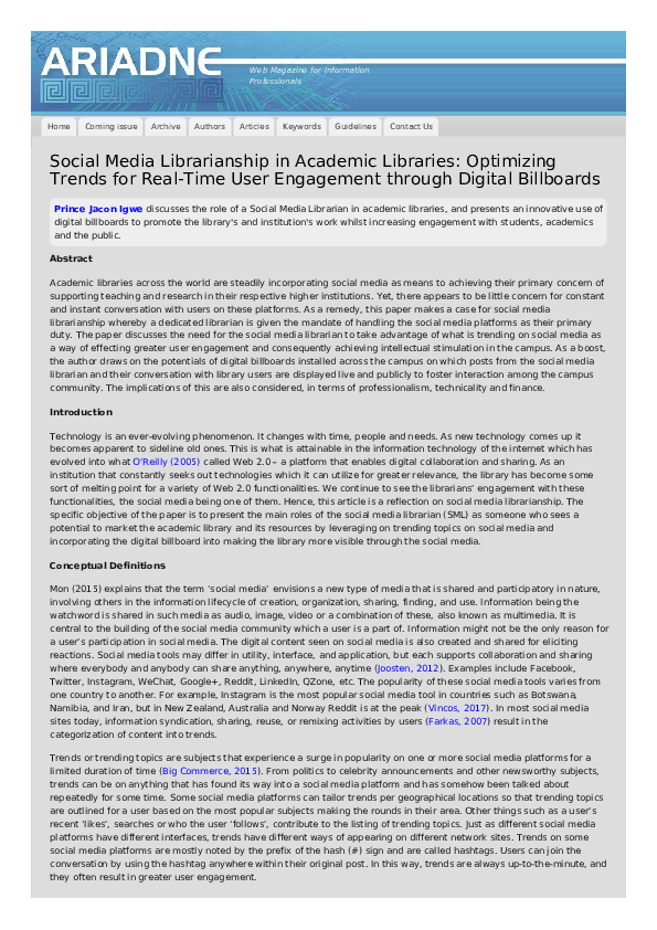 (PDF) Social Media Librarianship in Academic Libraries: Optimizing ...
