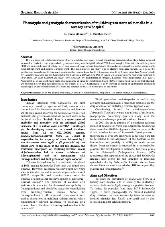 (PDF) Phenotypic and genotypic characterization of multidrug-resistant salmonella in a tertiary ...