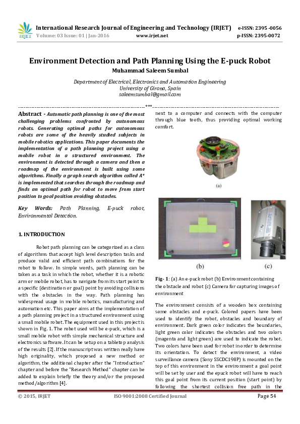 Pdf Environment Detection And Path Planning Using The E Puck Robot