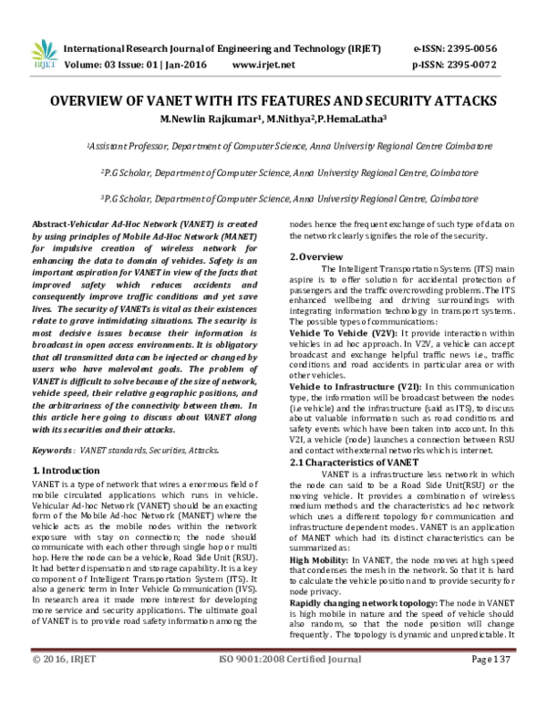 Pdf Overview Of Vanet With Its Features And Security Attacks