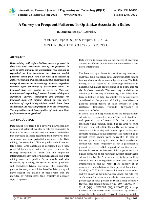 Pdf A Survey On Frequent Patterns To Optimize Association Rules