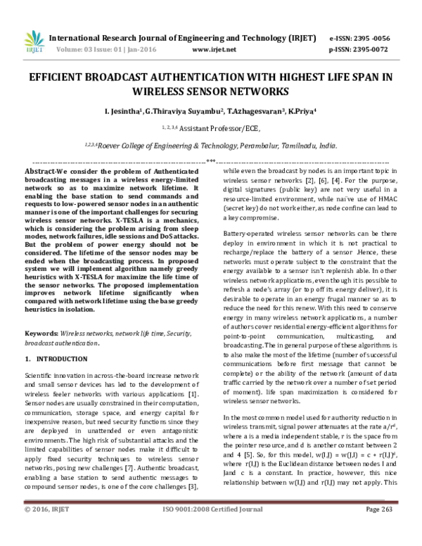 (PDF) EFFICIENT BROADCAST AUTHENTICATION WITH HIGHEST LIFE SPAN IN WIRELESS SENSOR NETWORKS