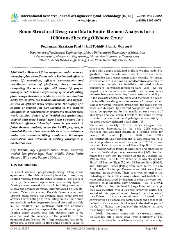 Pdf Boom Structural Design And Static Finite Element Analysis For A 1000tons Sheerleg Offshore