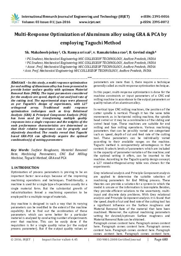 (PDF) Multi-Response Optimization of Aluminum alloy using GRA & PCA by employing Taguchi Method ...