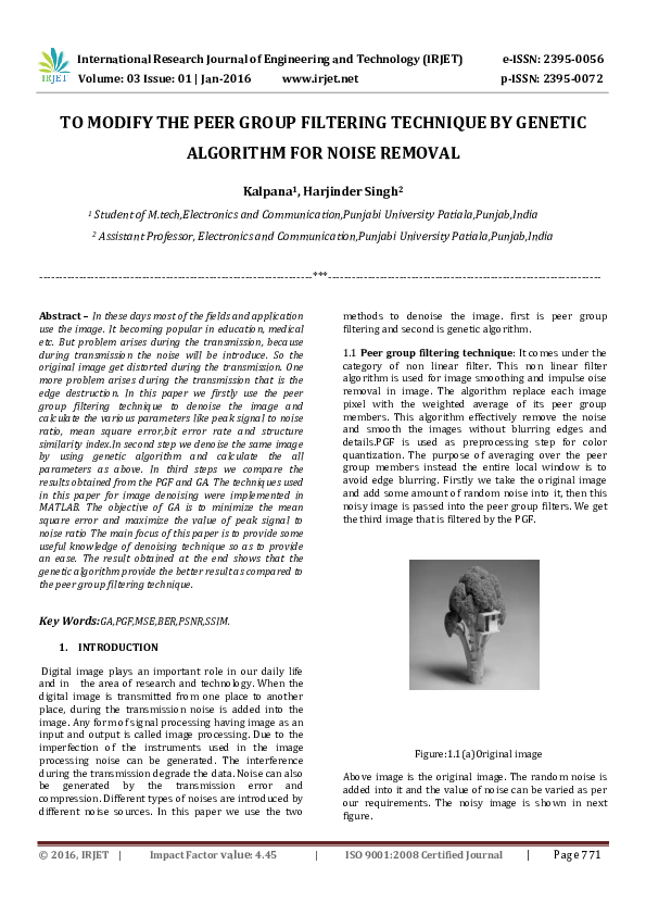 Pdf To Modify The Peer Group Filtering Technique By Genetic Algorithm For Noise Removal