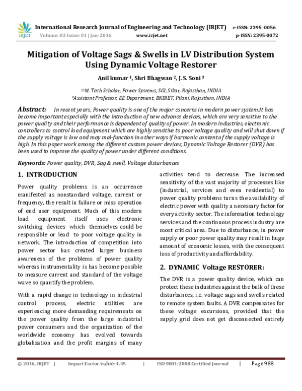 Pdf Mitigation Of Voltage Sags And Swells In Lv Distribution System Using Dynamic Voltage Restorer