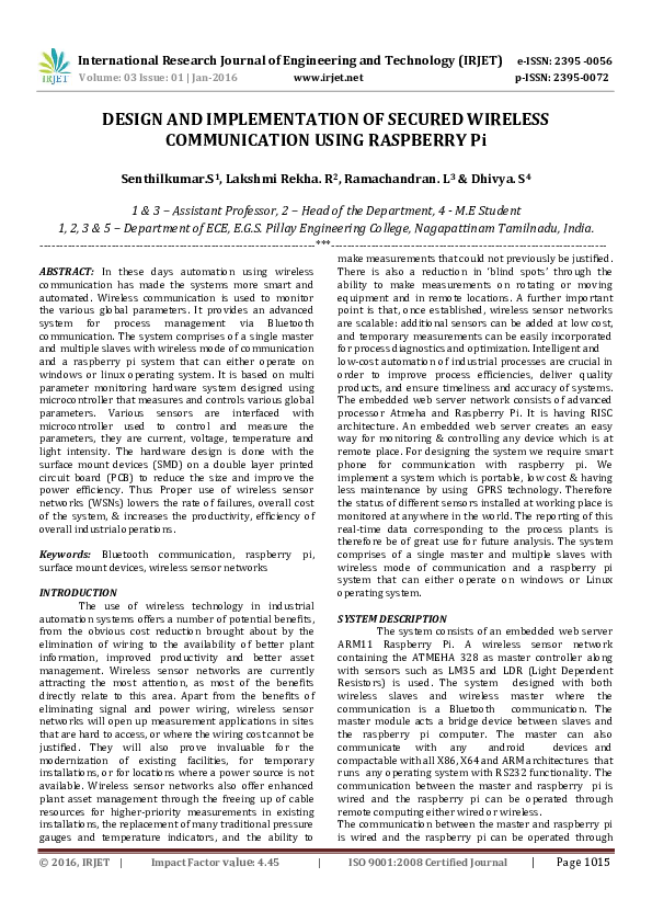 (PDF) DESIGN AND IMPLEMENTATION OF SECURED WIRELESS COMMUNICATION USING RASPBERRY Pi
