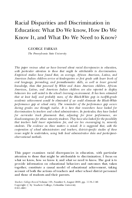 (PDF) Racial Disparities and Discrimination in Education: What Do We ...