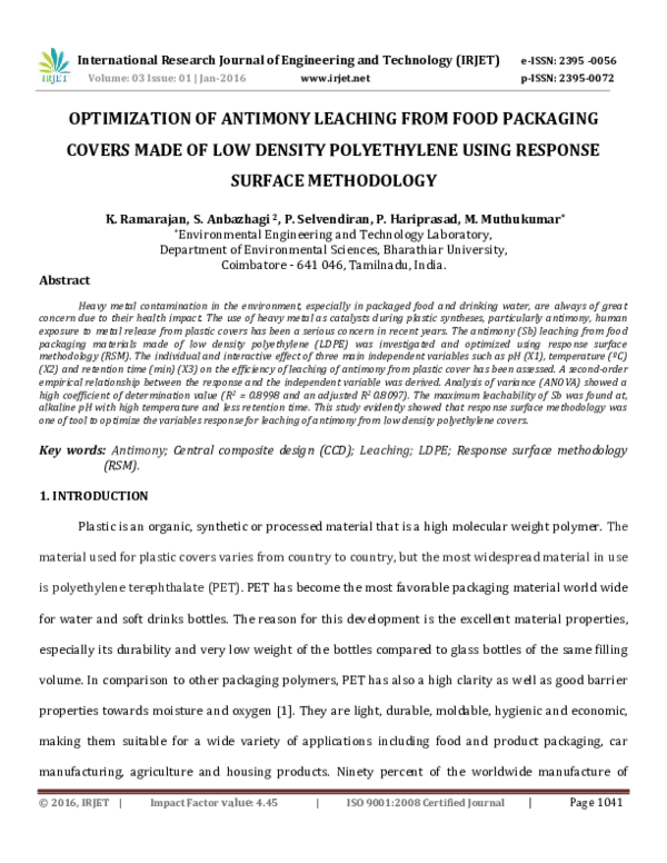 (PDF) OPTIMIZATION OF ANTIMONY LEACHING FROM FOOD PACKAGING COVERS MADE ...