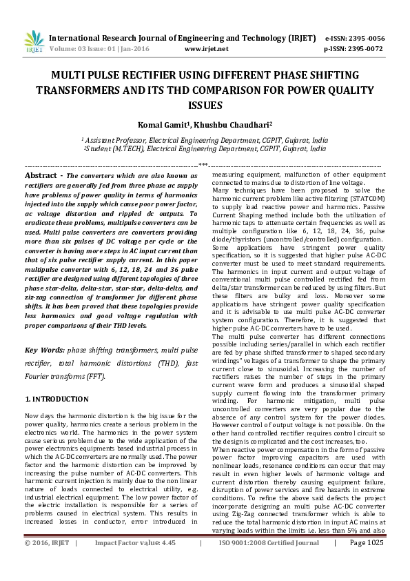 Pdf Multi Pulse Rectifier Using Different Phase Shifting Transformers