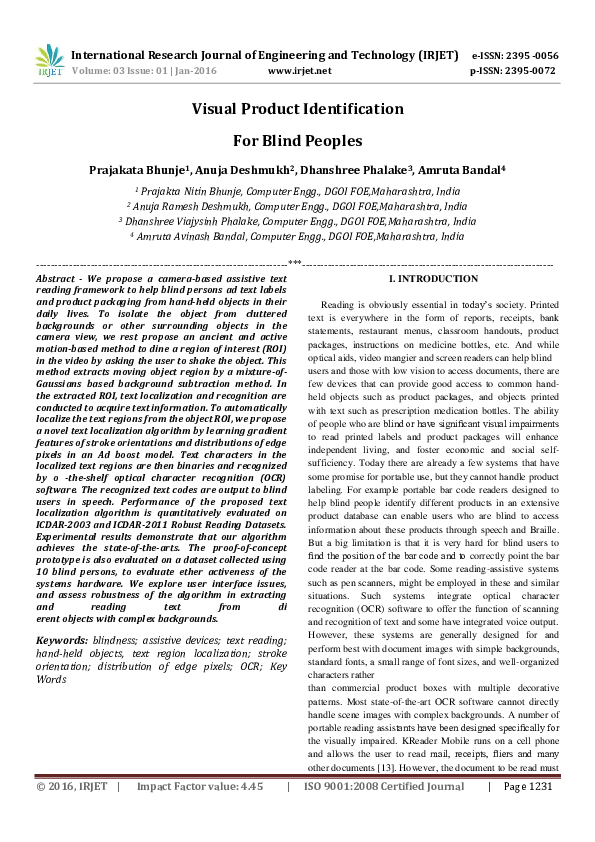 (PDF) Visual Product Identification For Blind Peoples