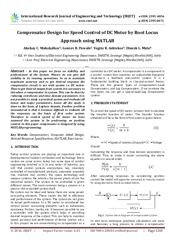 Pdf Compensator Design For Speed Control Of Dc Motor By Root Locus Approach Using Matlab 