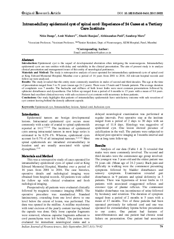 (PDF) Intramedullary epidermoid cyst of spinal cord: Experience of 24 Cases at a Tertiary Care ...