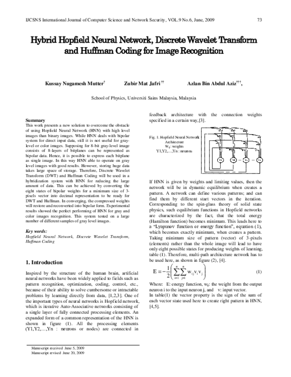 Pdf Hybrid Hopfield Neural Network Discrete Wavelet Transform And Huffman Coding For Image