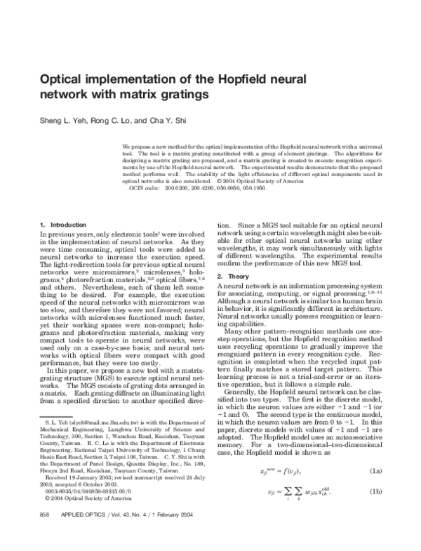 (PDF) Optical Implementation of the Hopfield Neural Network with Matrix ...