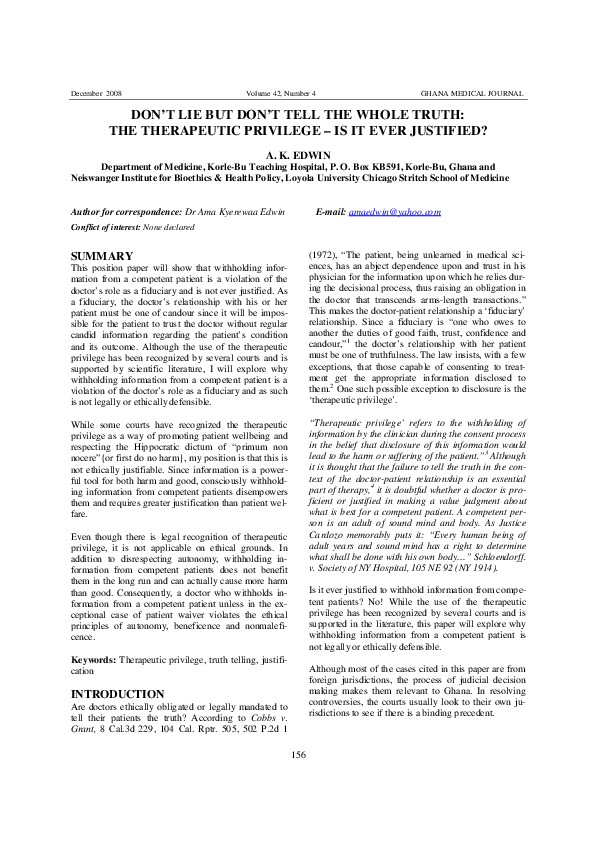 (PDF) DON'T LIE BUT DON'T TELL THE WHOLE TRUTH: THE THERAPEUTIC ...