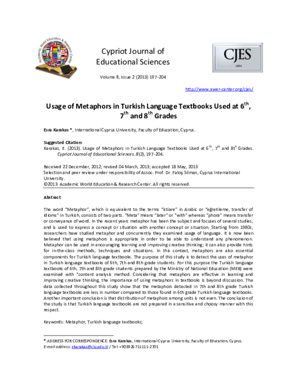 (PDF) Usage of Metaphors in Turkish Language Textbooks Used at 6 th , 7 ...