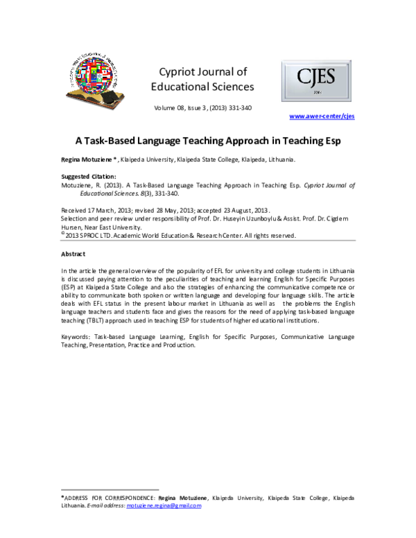 (PDF) A Task-Based Language Teaching Approach in Teaching Esp