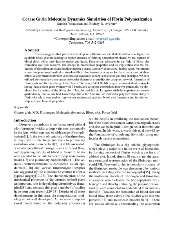 (PDF) Coarse Grain Molecular Dynamics Simulation of Fibrin Polymerization