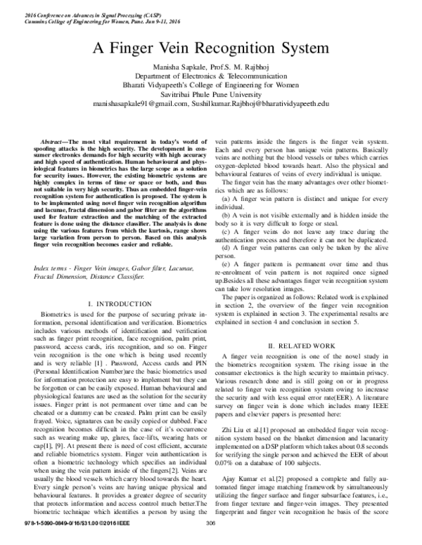 (PDF) A Finger Vein Recognition System