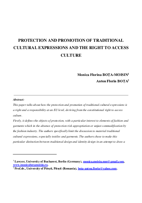 (PDF) PROTECTION AND PROMOTION OF TRADITIONAL CULTURAL EXPRESSIONS AND ...