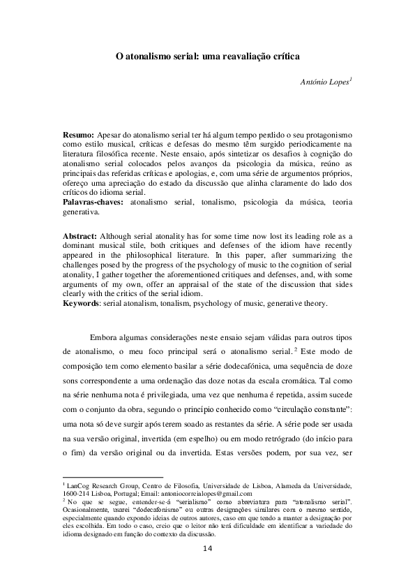 (PDF) O atonalismo serial: uma reavaliação crítica; Serial atonalism: a ...