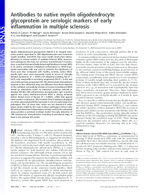 (PDF) Antibodies to native myelin oligodendrocyte glycoprotein are ...