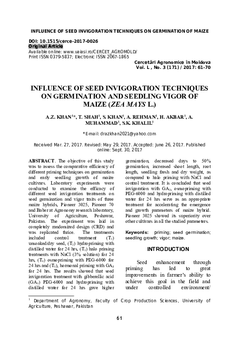 (PDF) INFLUENCE OF SEED INVIGORATION TECHNIQUES ON GERMINATION OF MAIZE ...