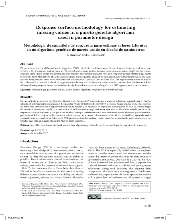 Pdf Response Surface Methodology For Estimating Missing Values In A Pareto Genetic Algorithm