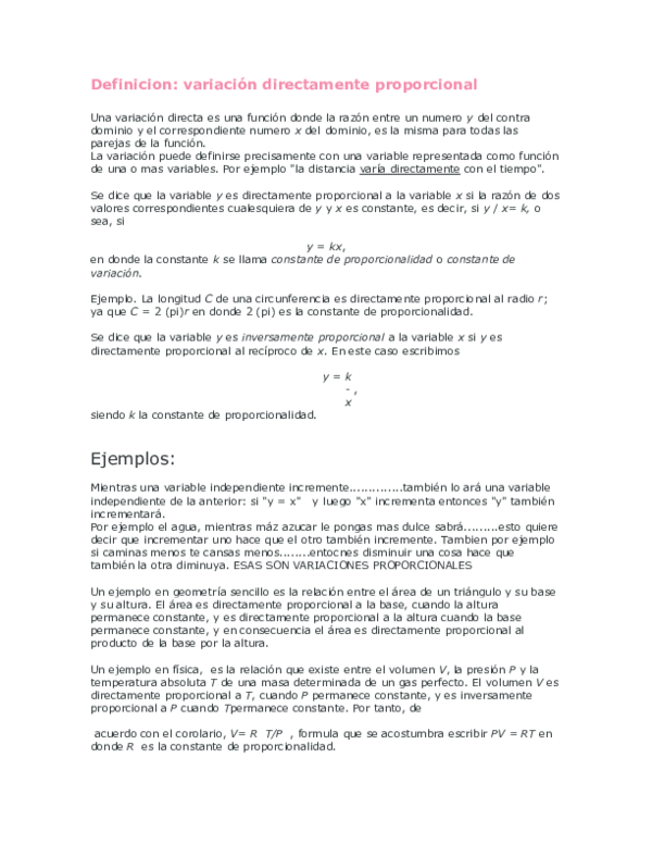 (DOC) Definicion: variación directamente proporcional
