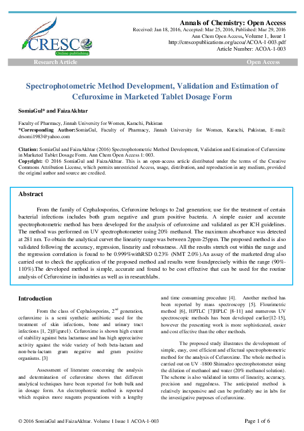 (PDF) Spectrophotometric Method Development, Validation and Estimation of Cefuroxime in Marketed ...