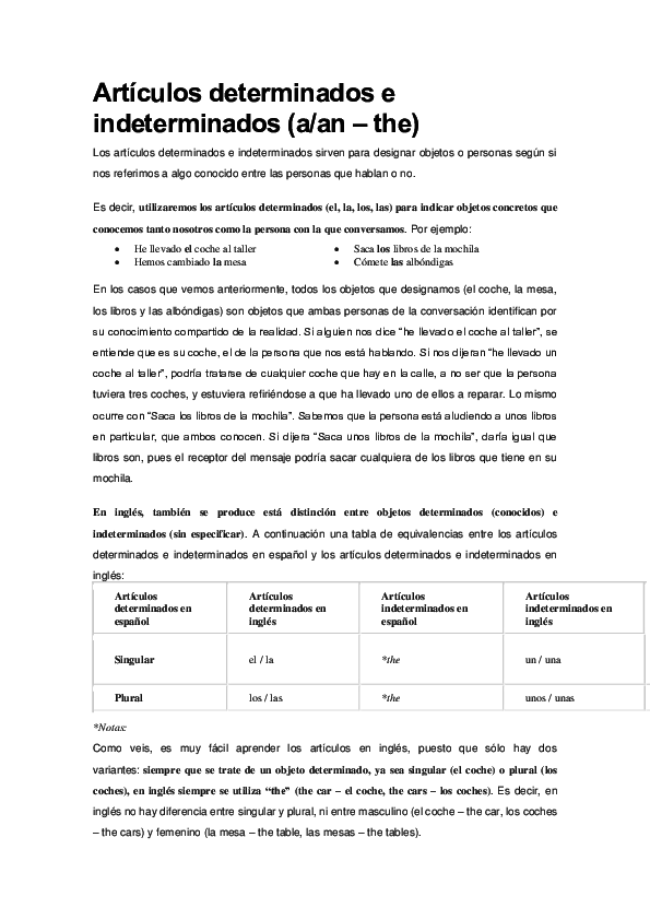 (DOC) Artículos determinados e indeterminados (a/an – the