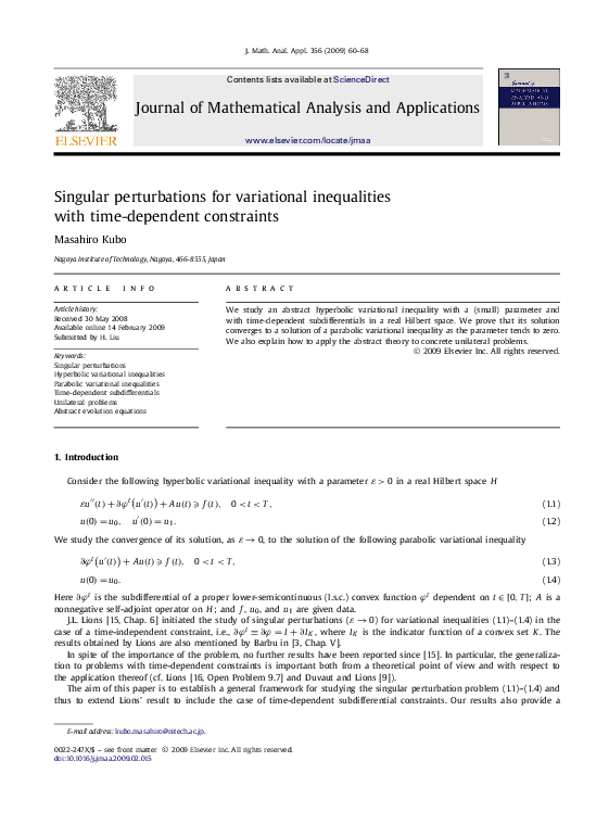 Pdf Singular Perturbations For Variational Inequalities With Time Dependent Constraints