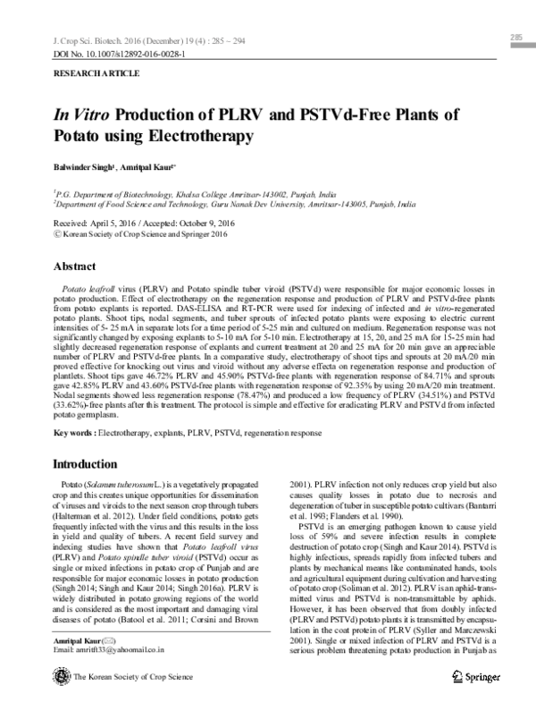 (PDF) In Vitro Production of PLRV and PSTVd-Free Plants of Potato using ...