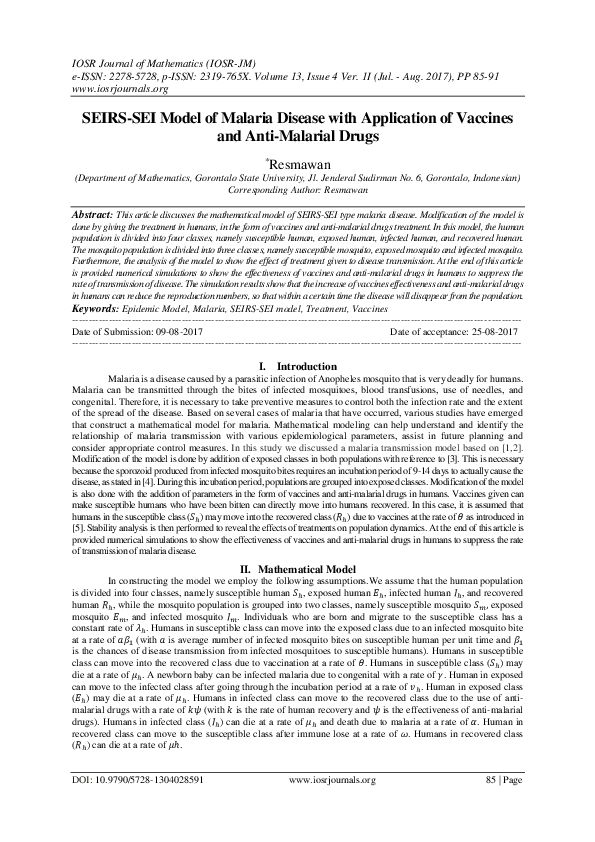 (PDF) SEIRS-SEI Model of Malaria Disease with Application of Vaccines ...