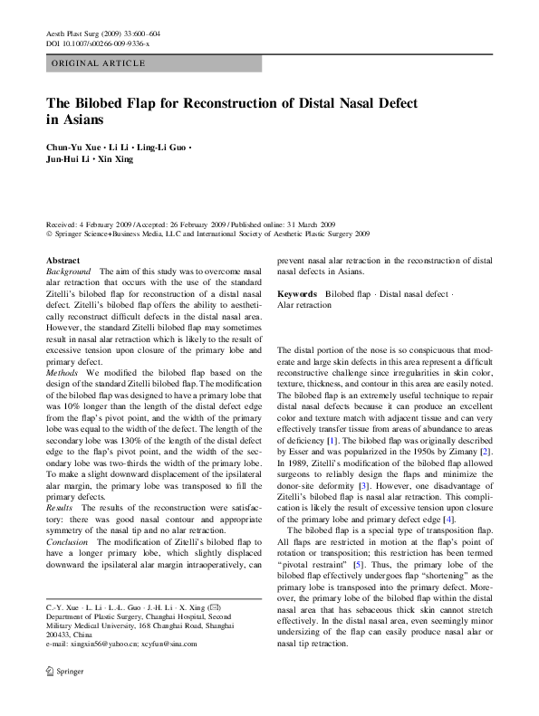 (PDF) The Bilobed Flap for Reconstruction of Distal Nasal Defect in Asians