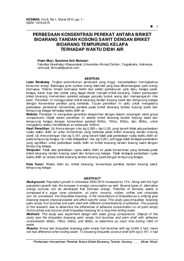 (PDF) PERBEDAAN KONSENTRASI PEREKAT ANTARA BRIKET BIOARANG TANDAN KOSONG SAWIT DENGAN BRIKET ...