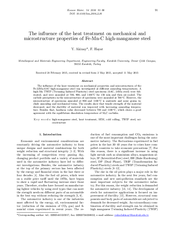 (PDF) The influence of the heat treatment on mechanical and microstructure properties of Fe-Mn-C ...