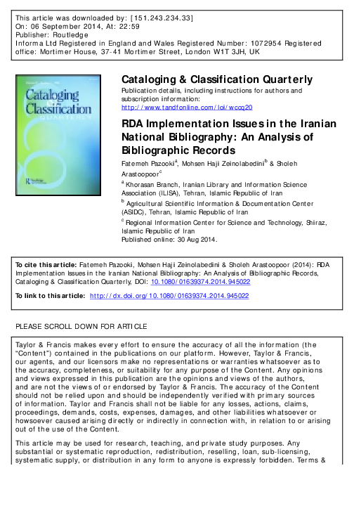 (PDF) RDA Implementation Issues in the Iranian National Bibliography An ...